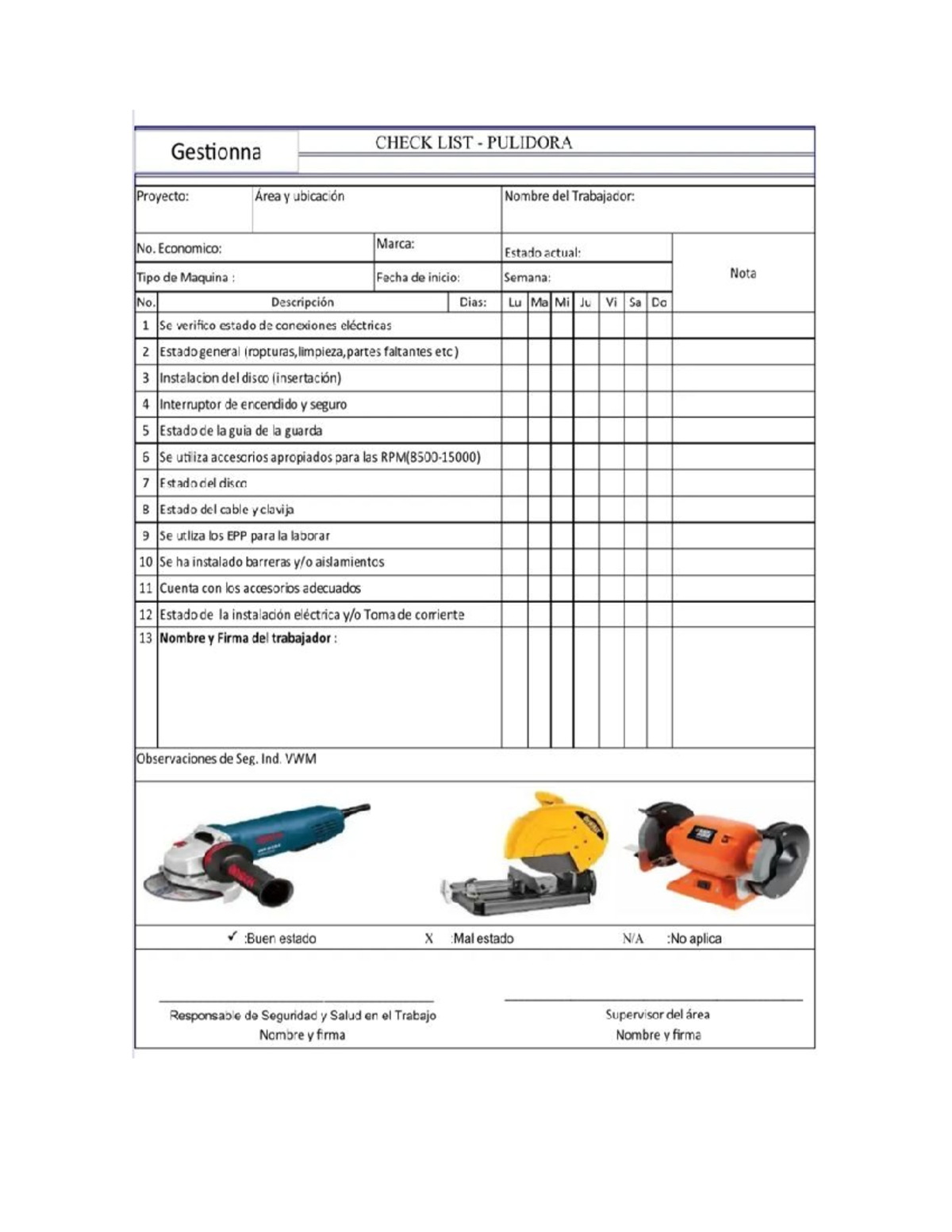 Checklist pulidor: gestión de proyecto y estado de la máquina - Studocu