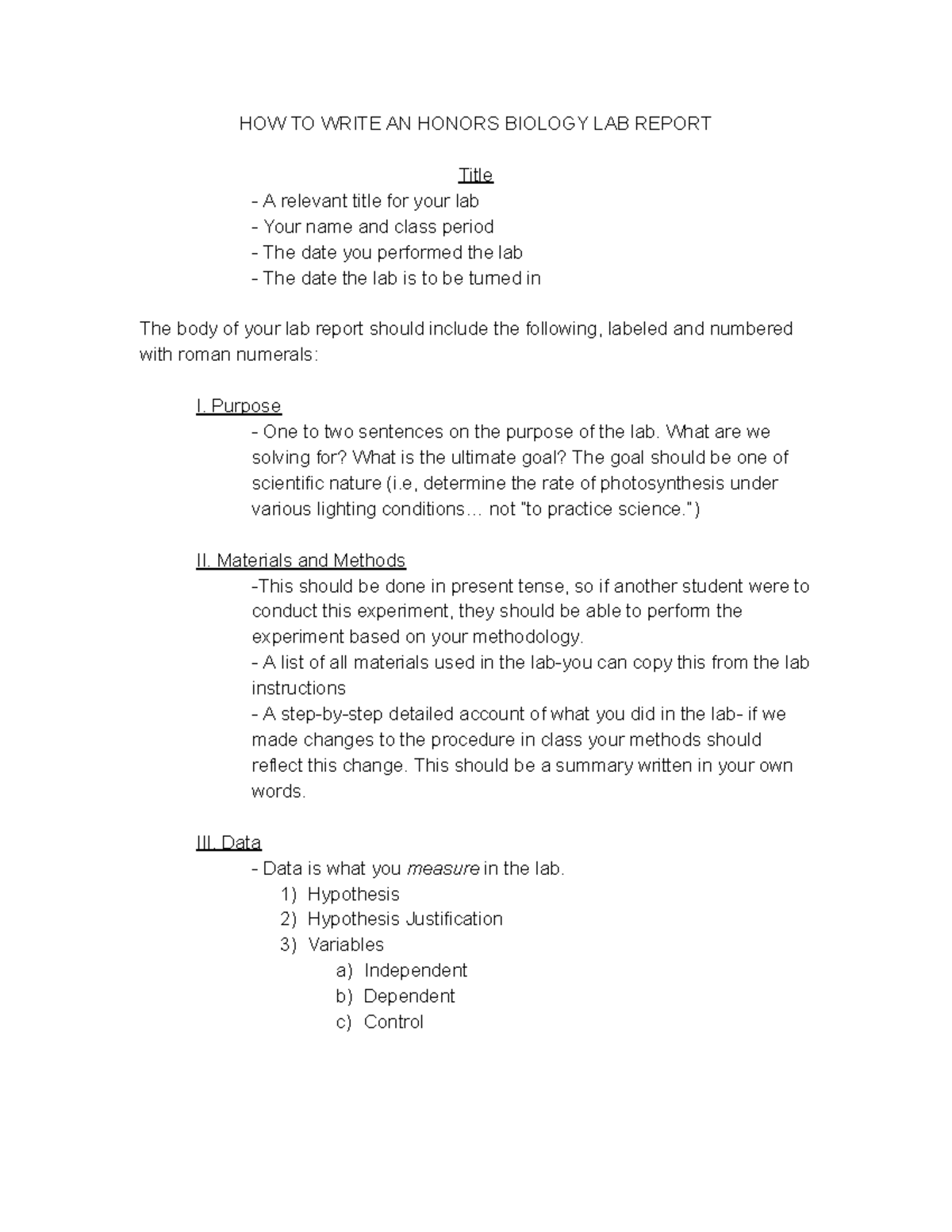 Honors Biology Lab Report Guidelines (Lab 1) - Studocu