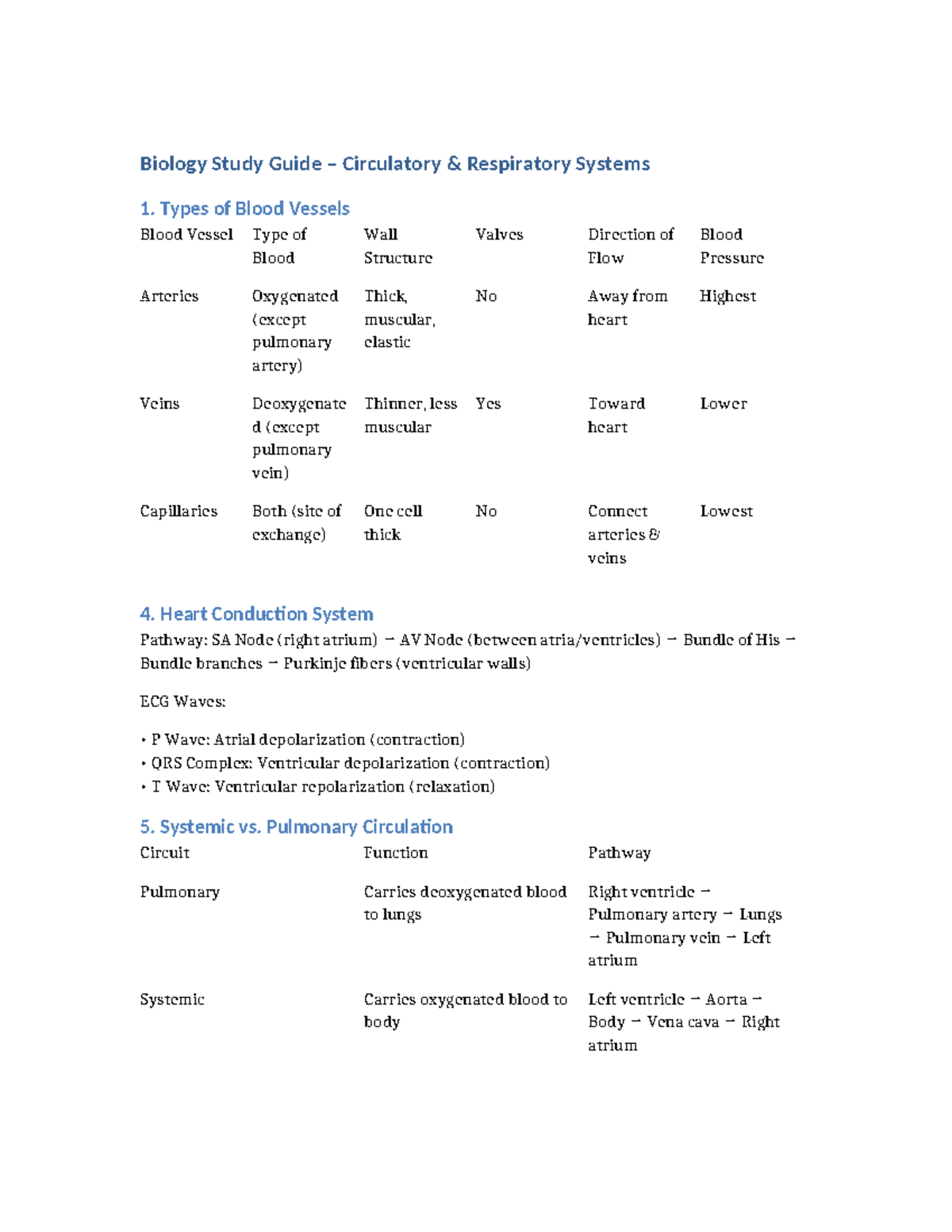 Biology Study Guide: Circulatory & Respiratory Systems Overview - Studocu