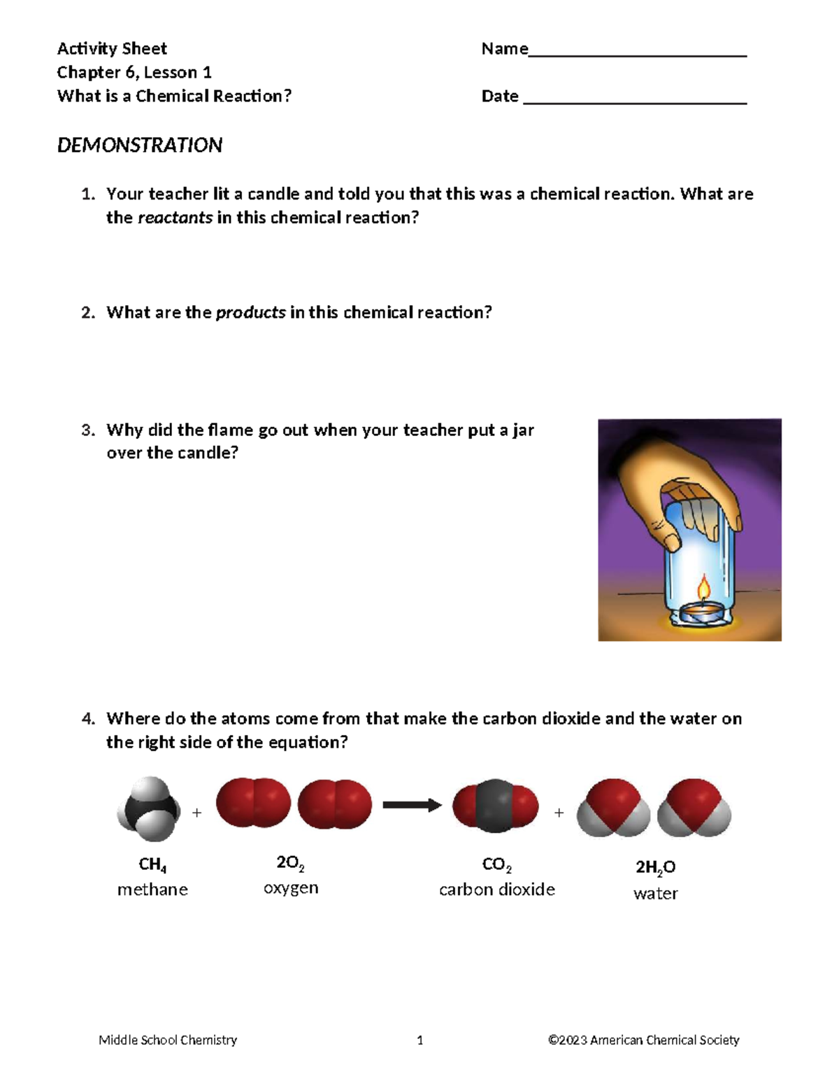 Activity Sheet: Chemical Reactions in Middle School Chemistry - Studocu