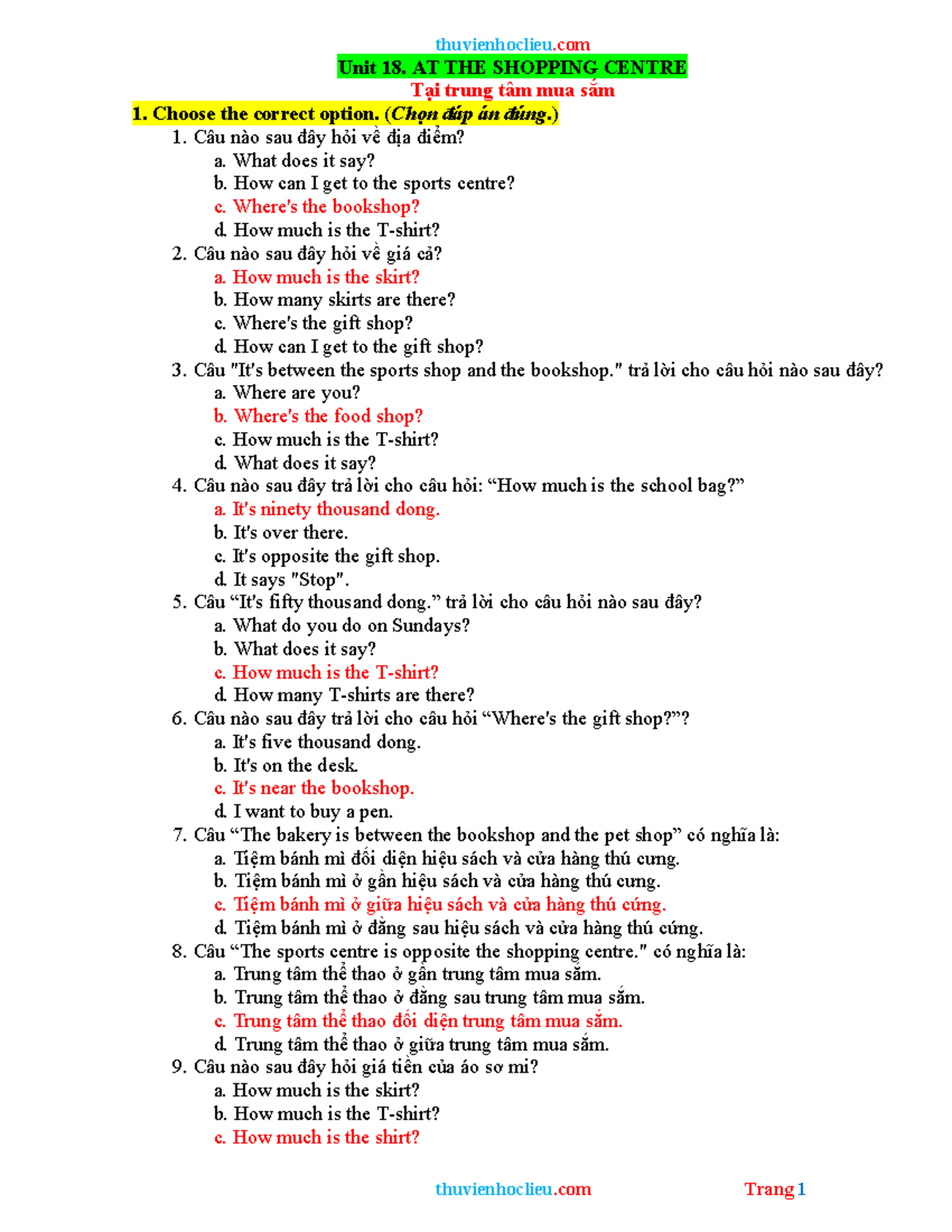 Unit 18: AT THE SHOPPING CENTRE - Practice Exercises and Answers - Studocu
