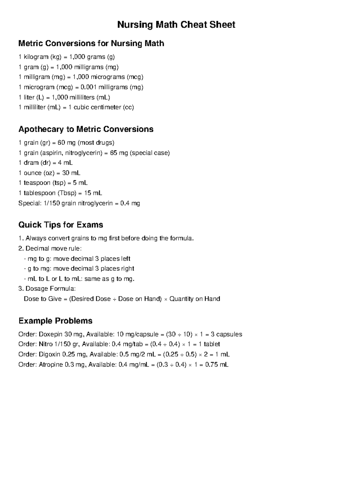 Nursing Math Cheat Sheet: Metric Conversions & Quick Tips - Studocu