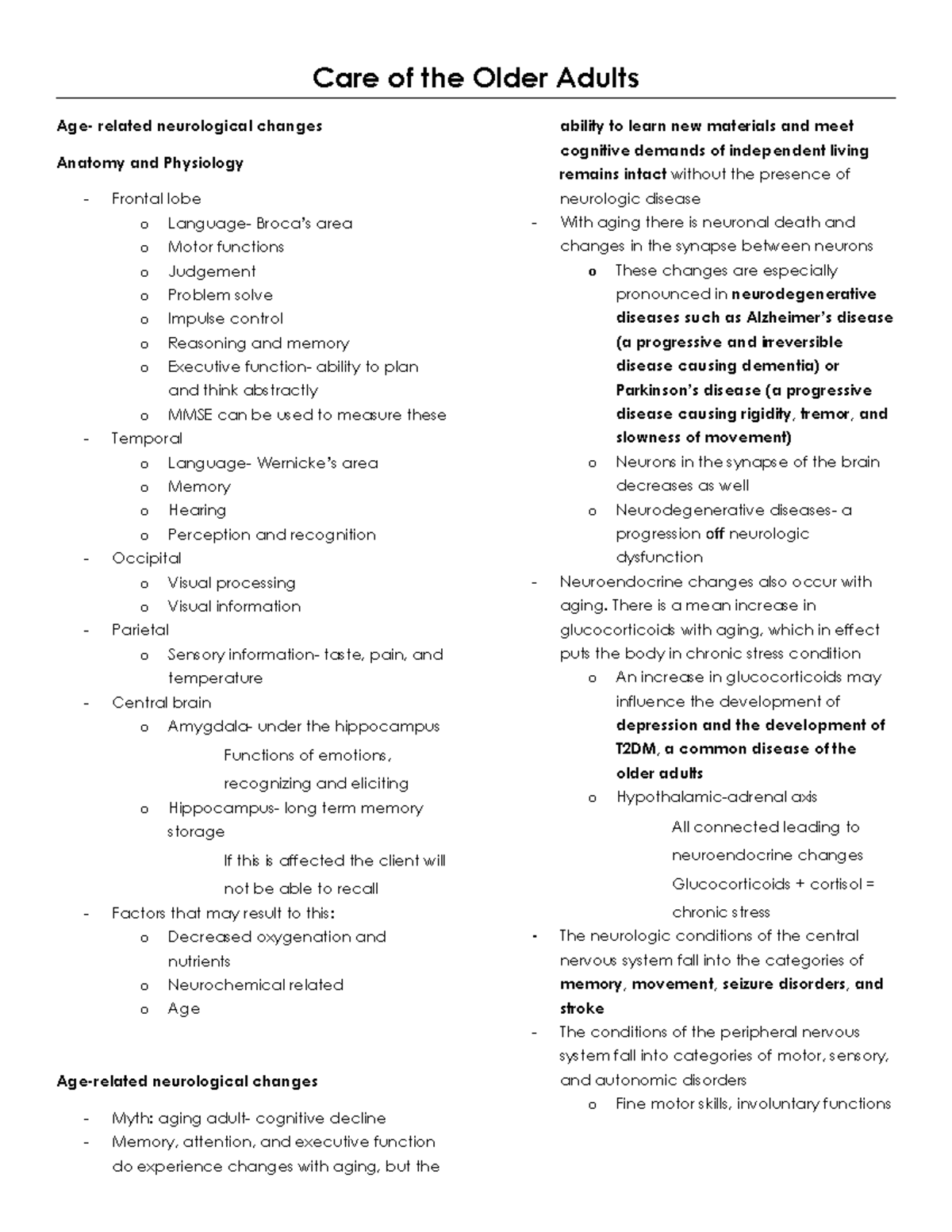 Care of Older Adults: Neurological Changes & Cognitive Demands - Finals ...