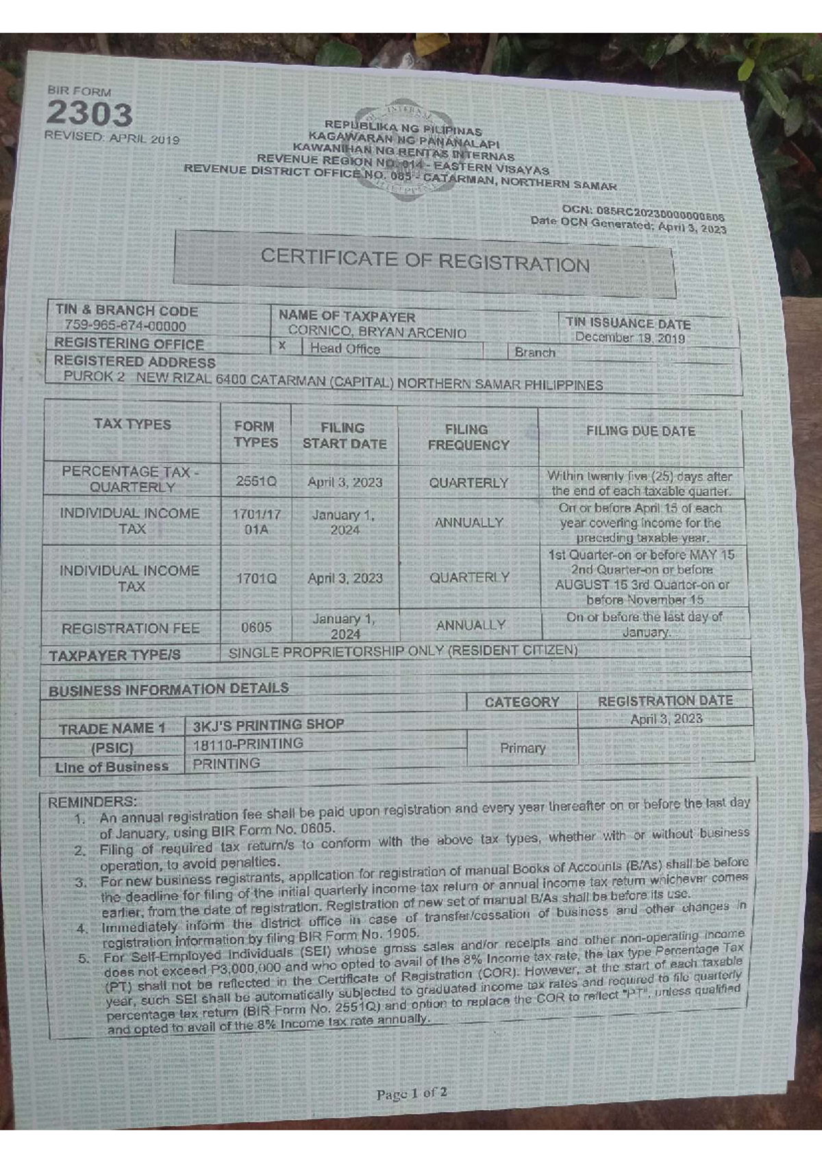 BIR Form 2303: Certificate of Registration for Taxpayer 894467750 - Studocu