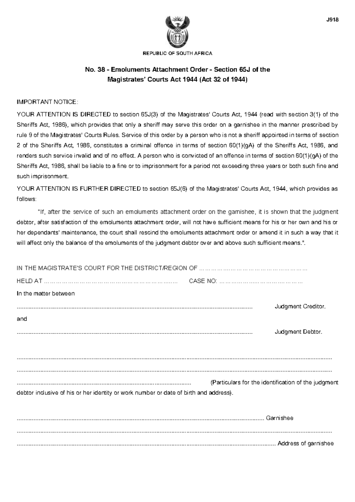 J918-F38 - Emoluments Attachment Order Legal Notes - Studocu