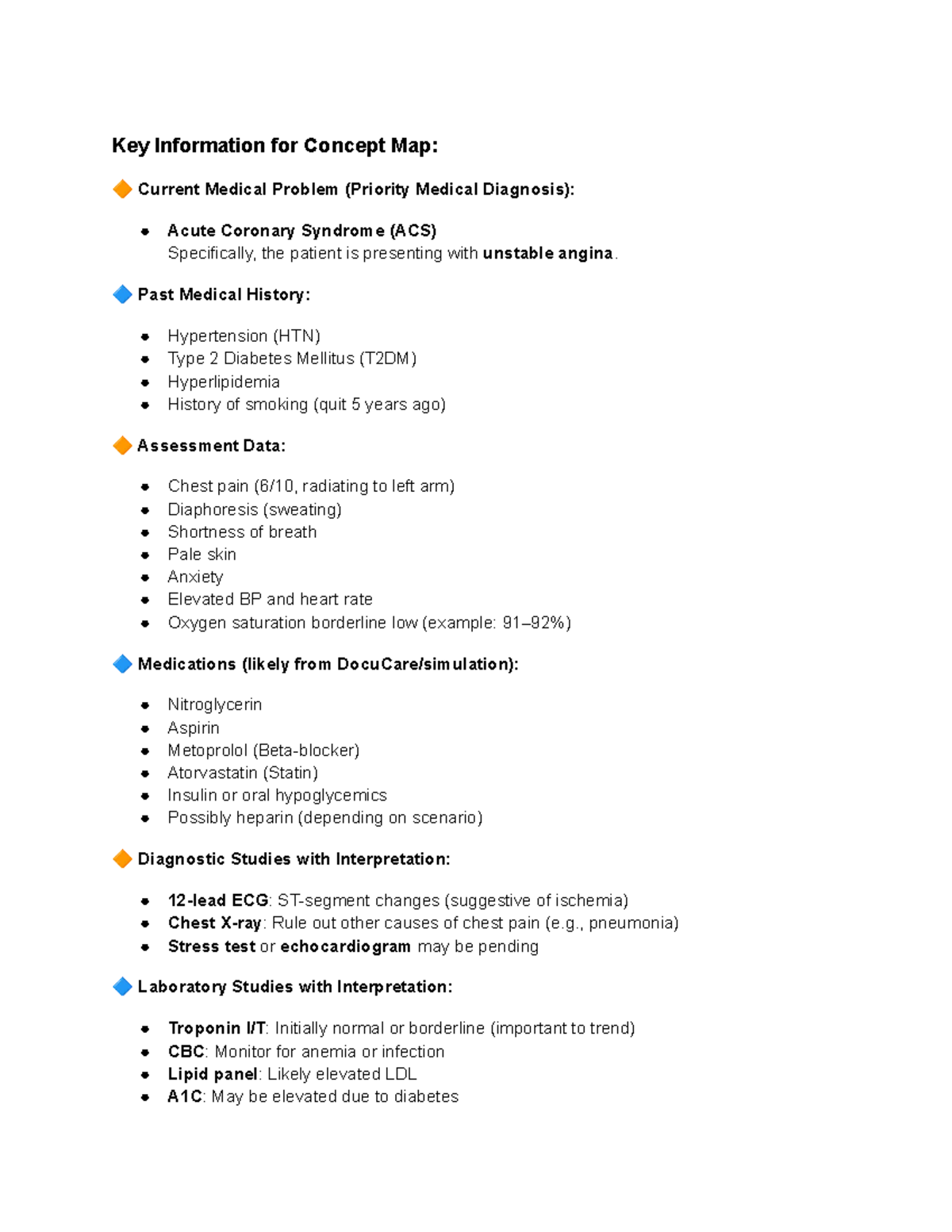 Key Info for Concept Map: Acute Coronary Syndrome (Priority Diagnosis ...