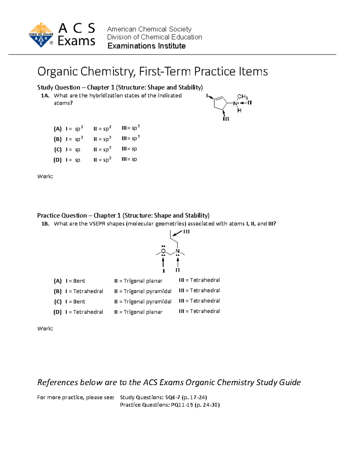 Organic Chemistry Practice Items - ACS Exams Handout - Studocu