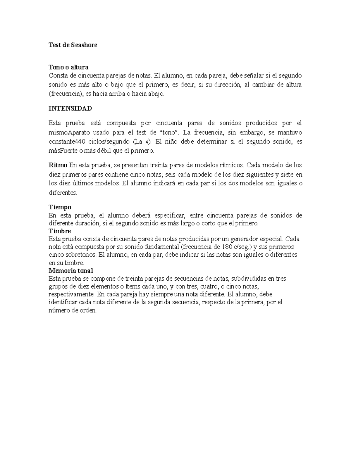 Test de Seashore - Evaluación de Tono, Intensidad, Ritmo y Más - Studocu