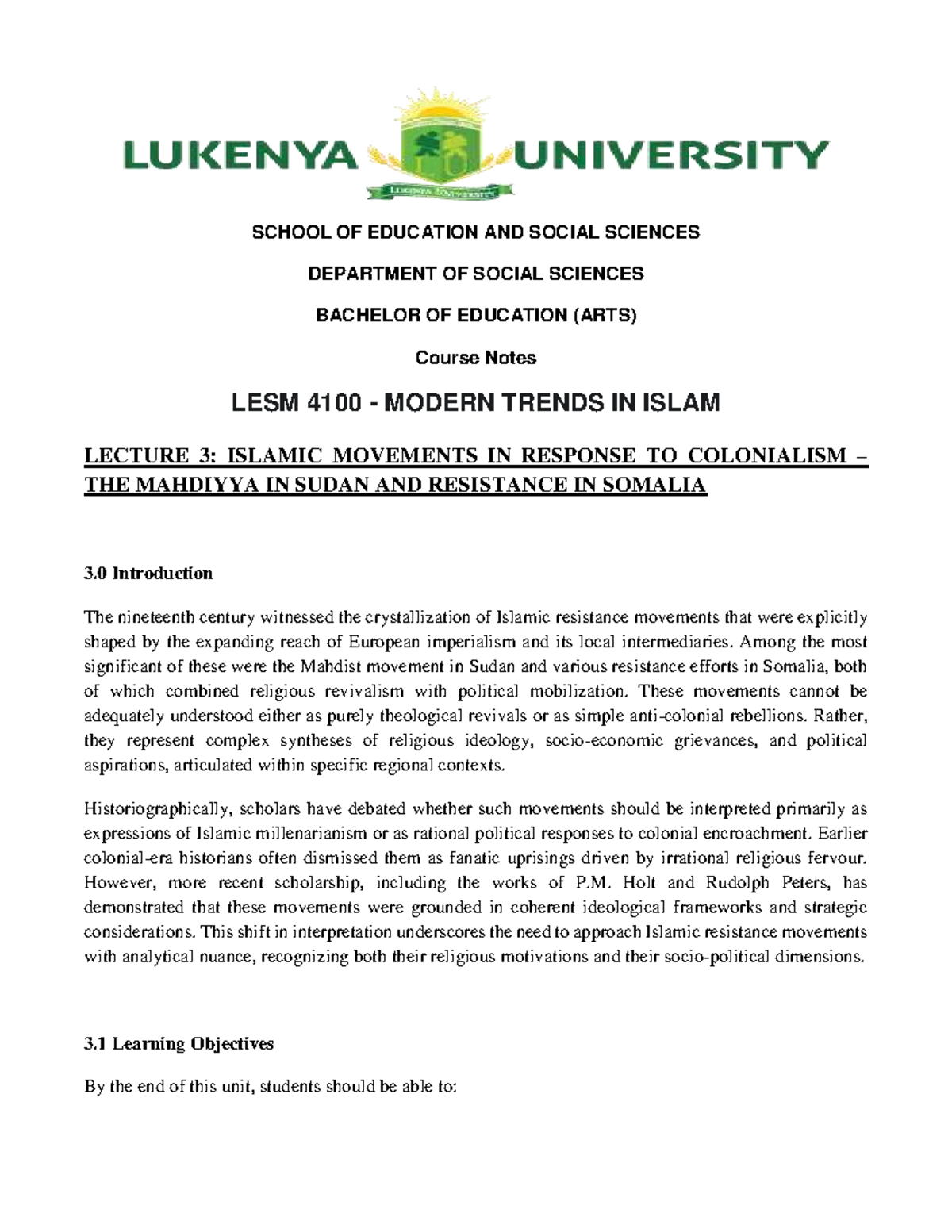Course Notes - LESM 4100 - Modern Trends in Islam: Lecture 3 on Islamic ...