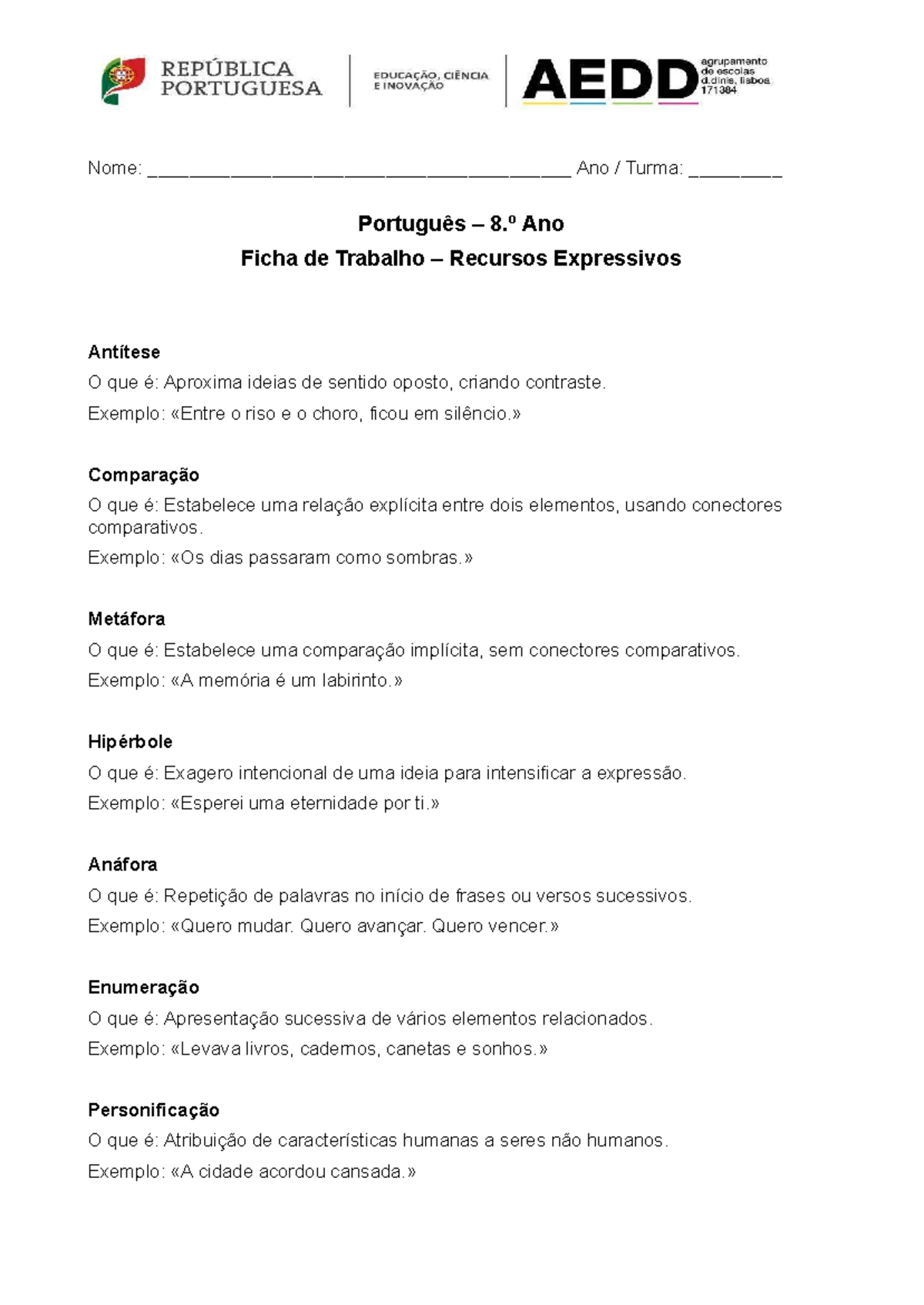 Recursos Expressivos - Ficha de Trabalho 8.º Ano - Studocu