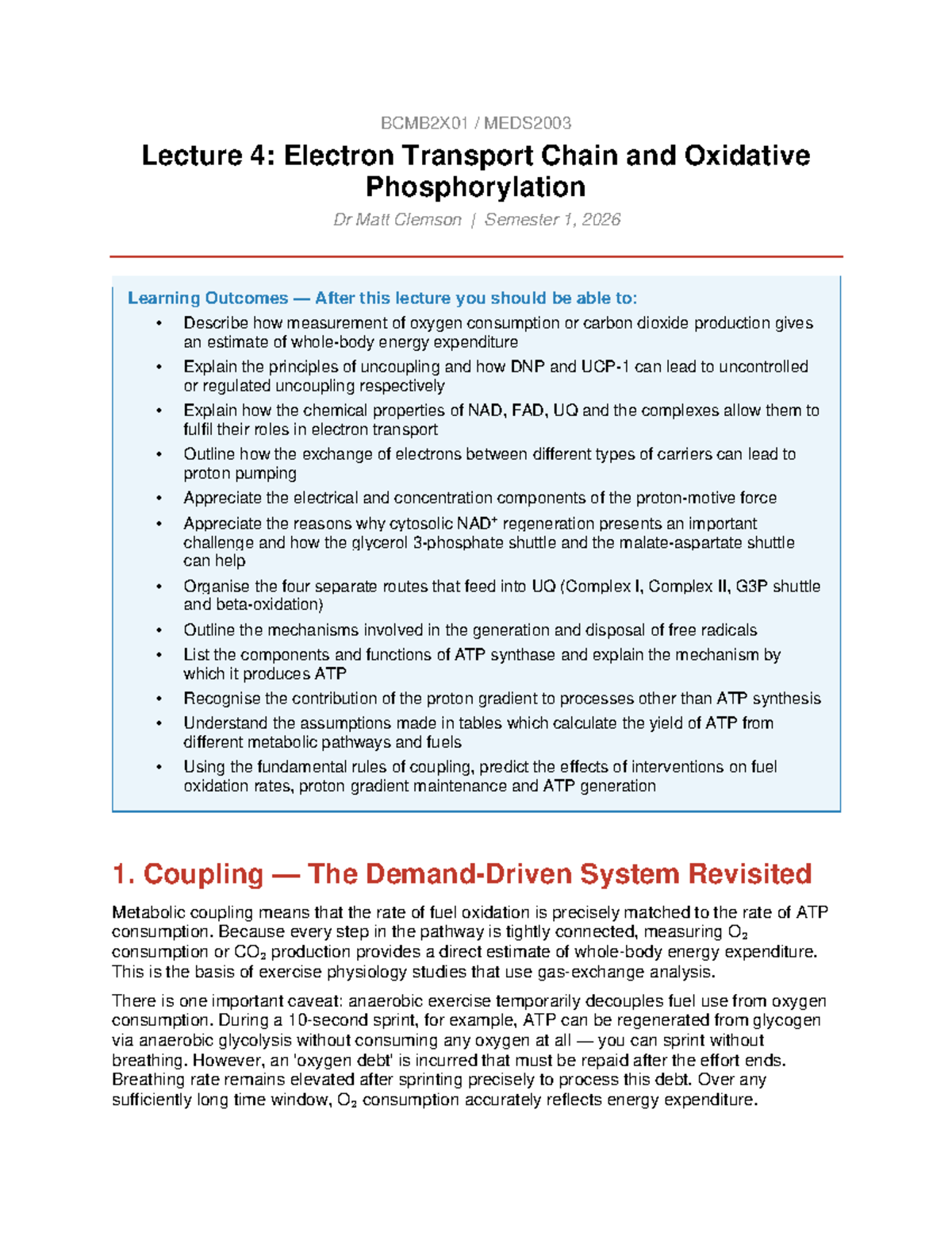 BCMB2X01 MEDS2003 Lecture 4: Electron Transport Chain & Oxidative - Studocu