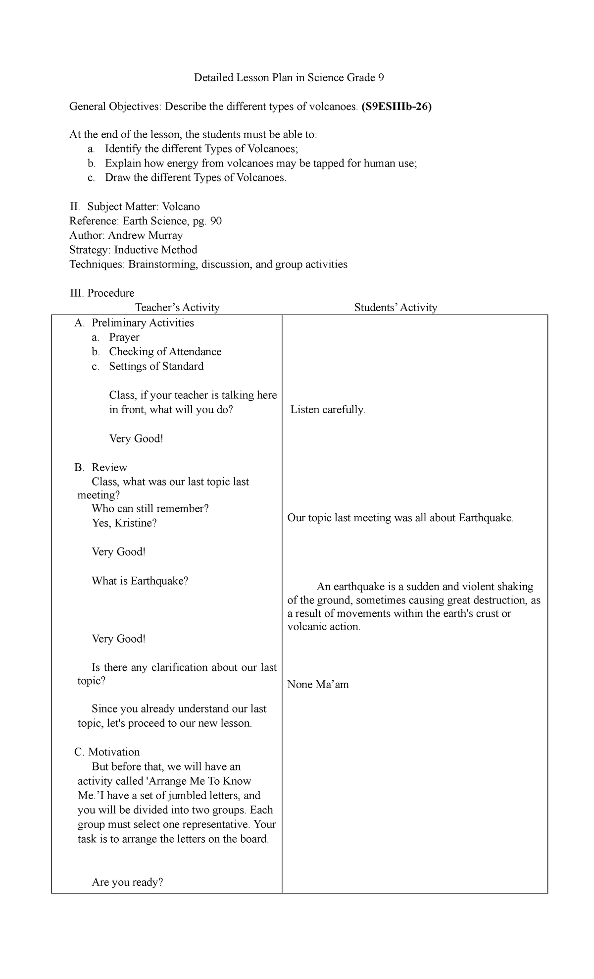 Detailed Lesson Plan: Types of Volcanoes (S9ESIIIb-26) - Studocu