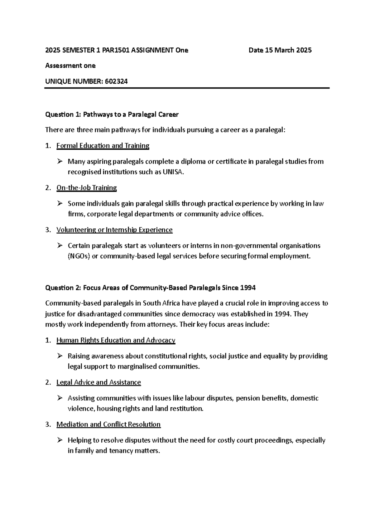 2025 SEM 1 PAR1501 ASSIGNMENT 1: Pathways to Paralegal Careers - Studocu