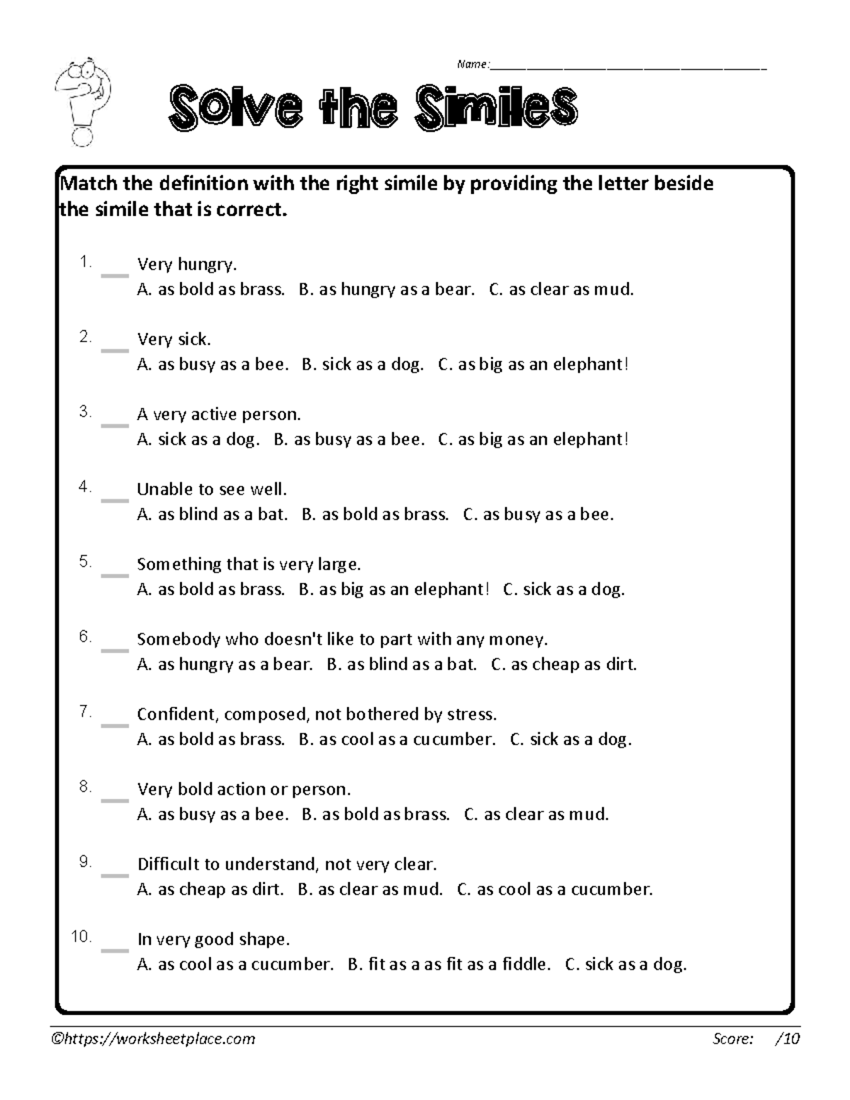Simile Worksheet 1: Match Definitions to Similes - Studocu