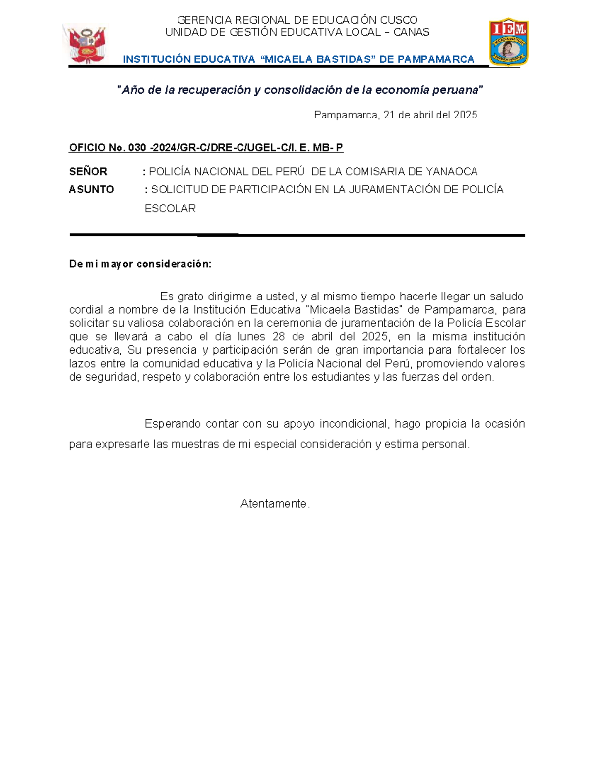 Oficio No. 030 E.P. - Solicitud de Participación en Juramentación ...