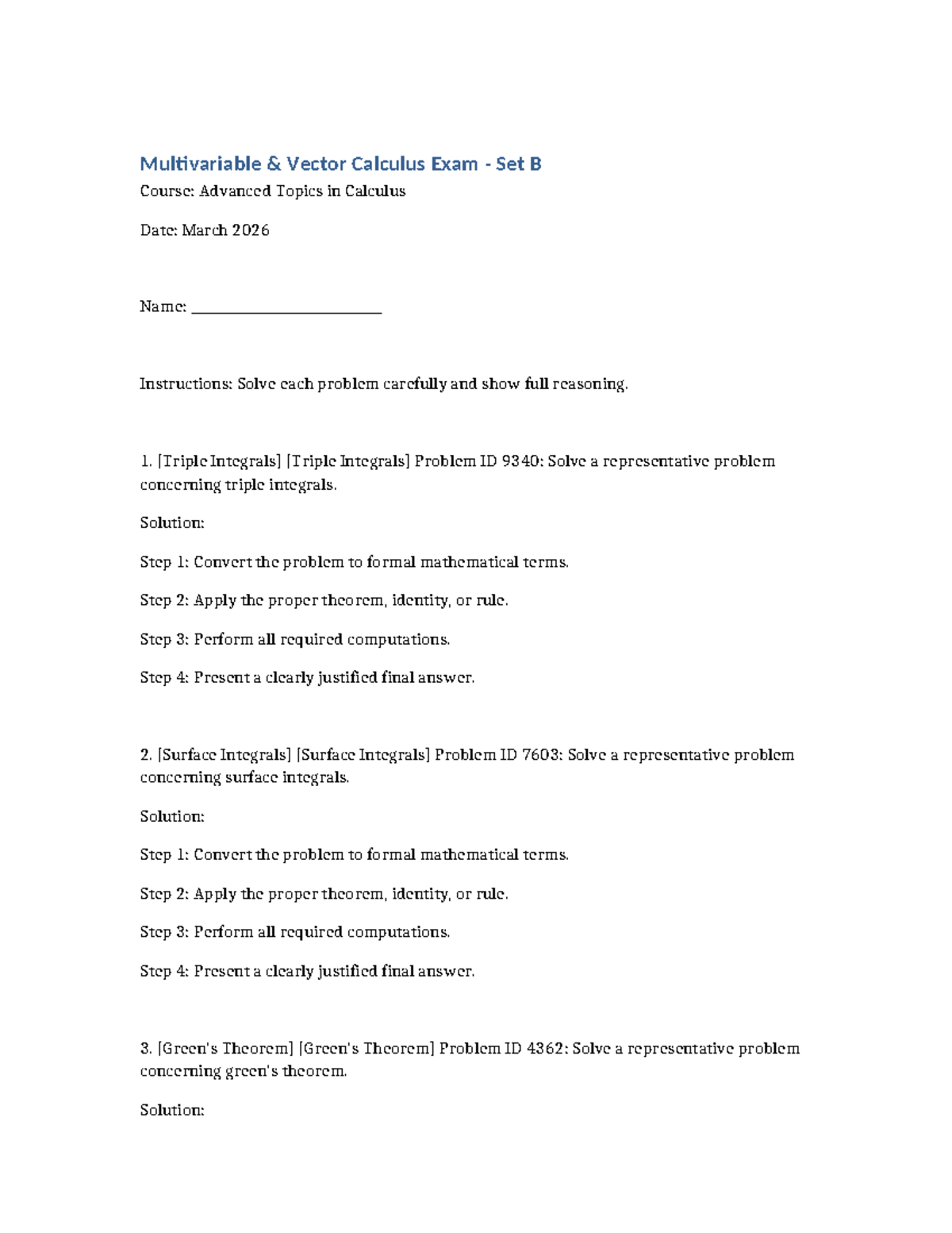 Advanced Topics in Calculus: Multivariable Vector Calculus Exam Set B ...