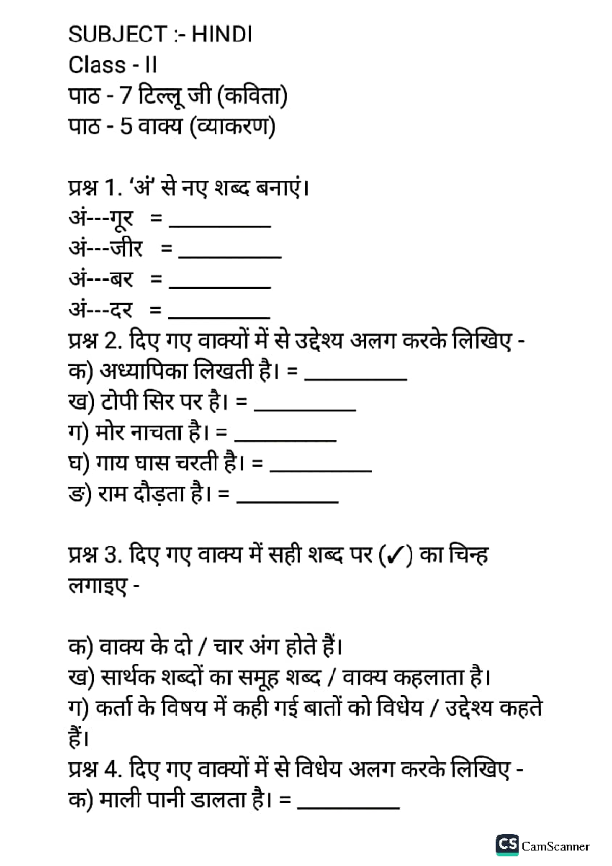 CS 140: Revision Worksheet for पाठ 7 - टिल्लू जी, वाक्य - Studocu