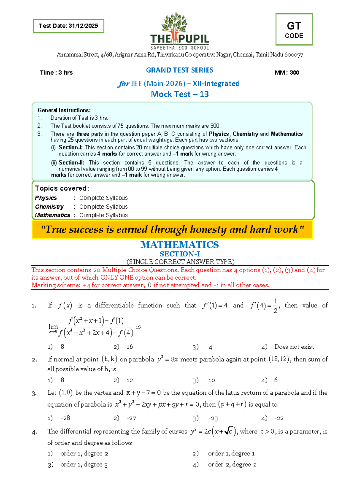 XII GT TEST-13: JEE Mock Test Paper with Solutions (31-12-2025) - Studocu