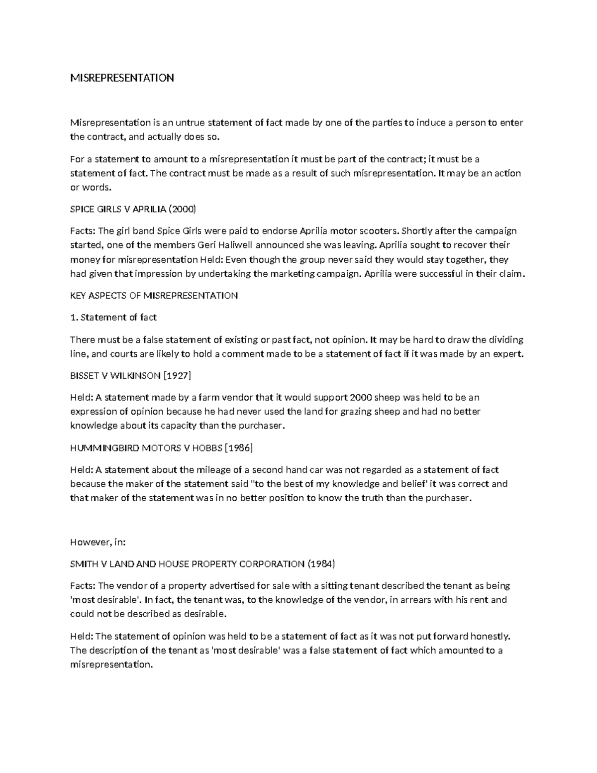 MISREPRESENTATION IN CONTRACT LAW: KEY CASES & REMEDIES - Studocu