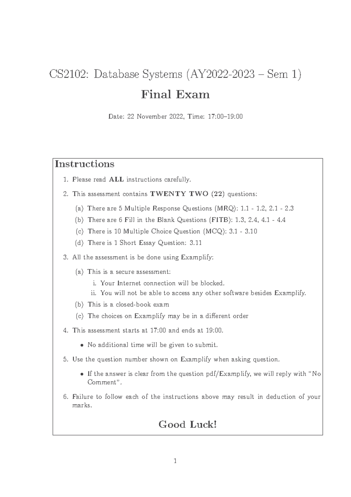 CS2102 2210 Final Exam - Practice Paper with Solutions and Format - Studocu
