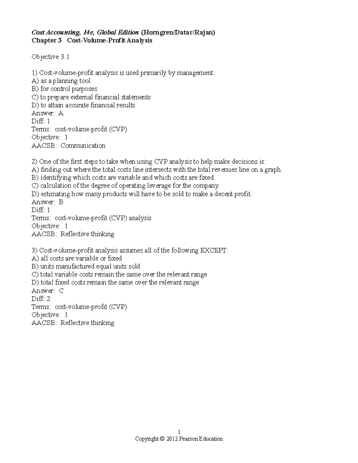 Chapter 3 - Cost Accounting CVP Analysis Test Bank (14e) - Studocu