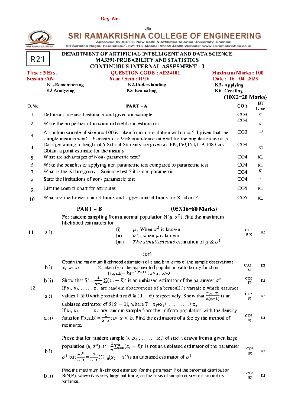 R21 Continuous Internal Assessment I - AI & Data Science CO3 - Studocu