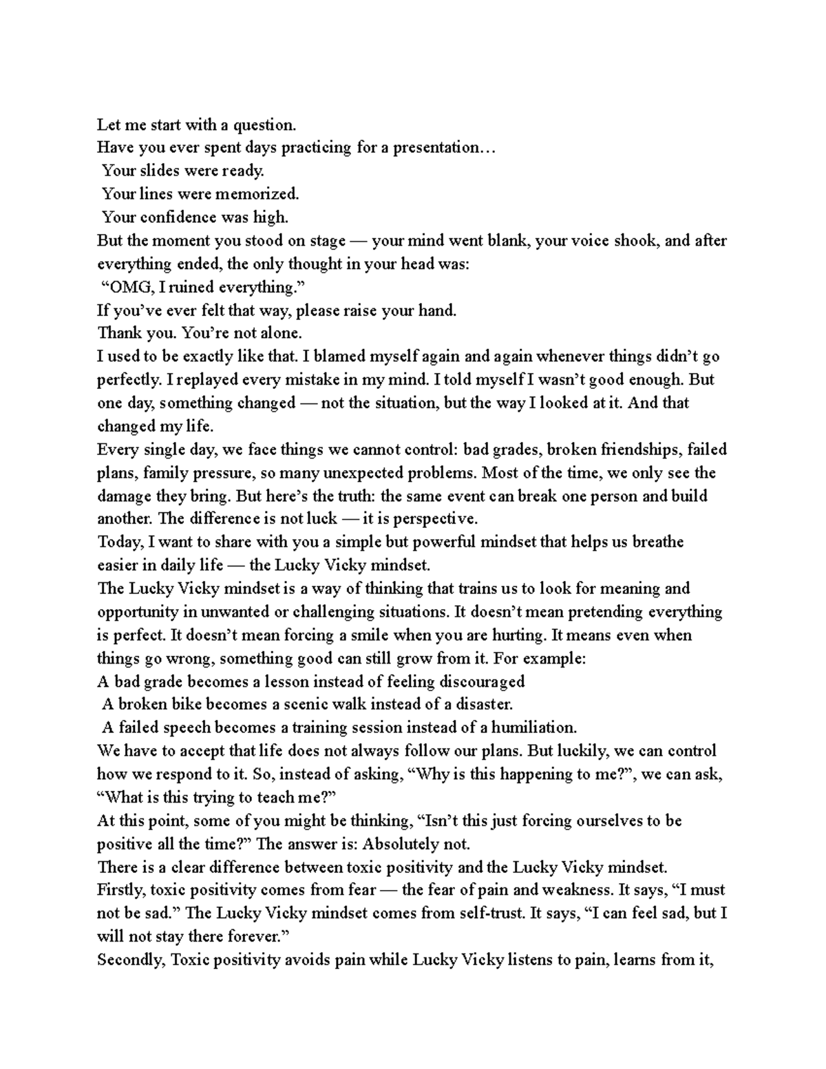Final Speech: Embracing the Lucky Vicky Mindset - Studocu