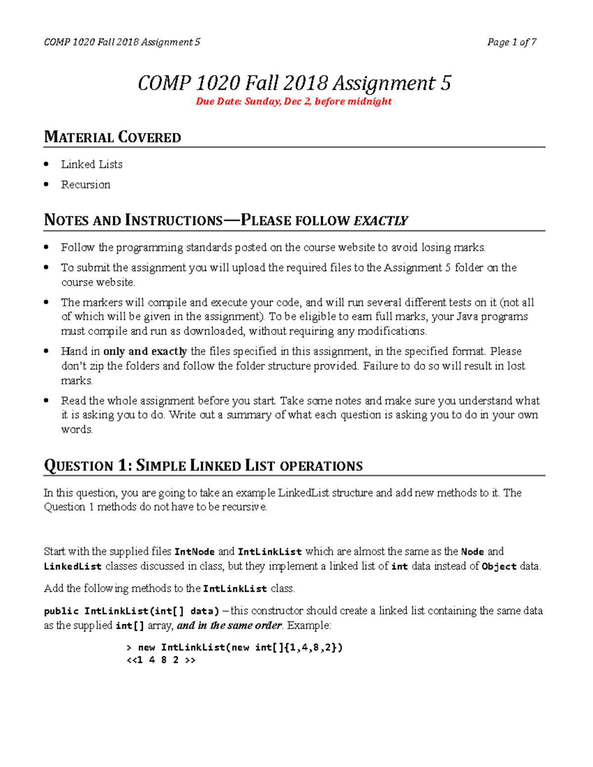 Assignment 5 Fall2018 - COMP 1020 Fall 2018 Assignment 5 Page 1 of 7 ...