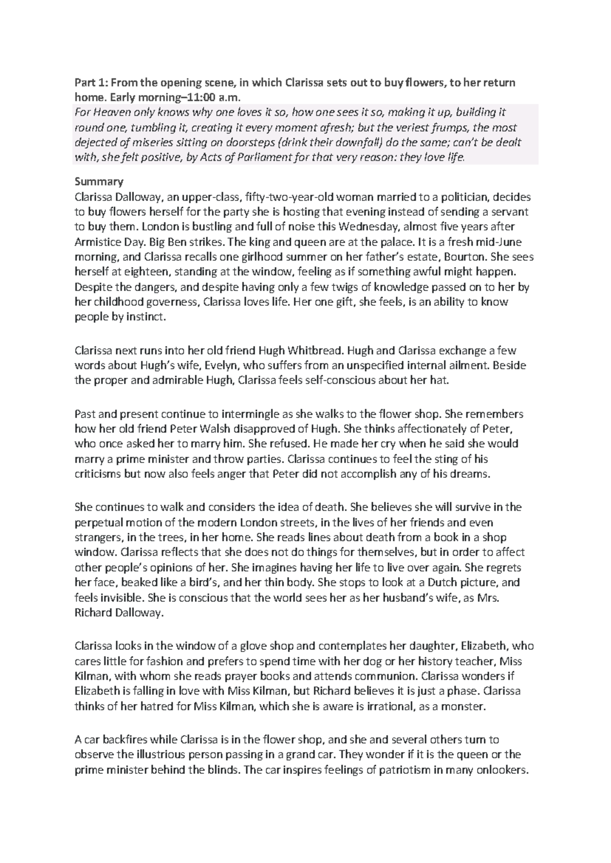 Mrs Dalloway - Summary - summaries - - Studocu