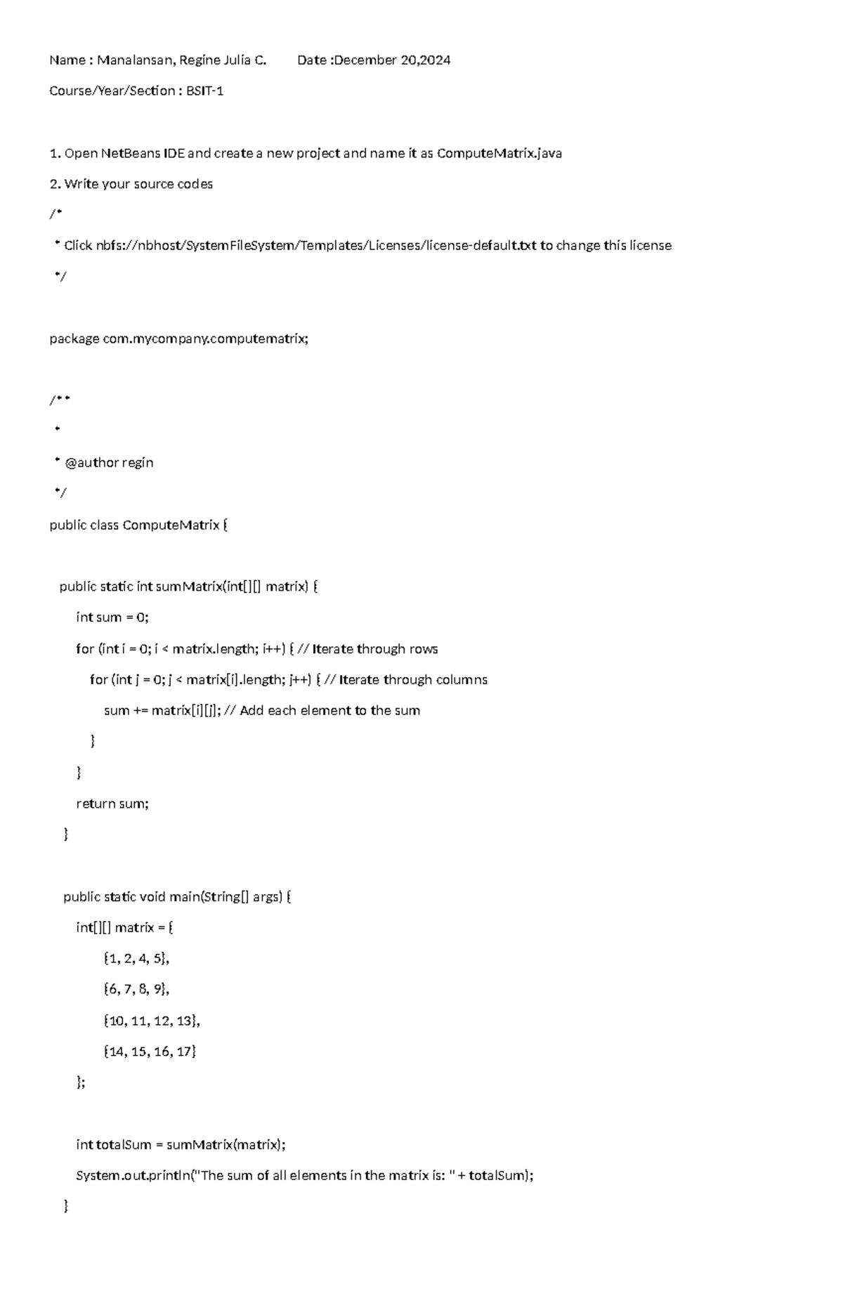 Activity 5 - ComputeMatrix.java Implementation Guide - Studocu