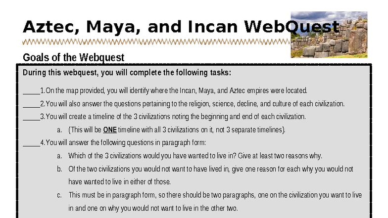 Aztec, Maya, and Inca WebQuest: Goals & Tasks (2024) - Studocu