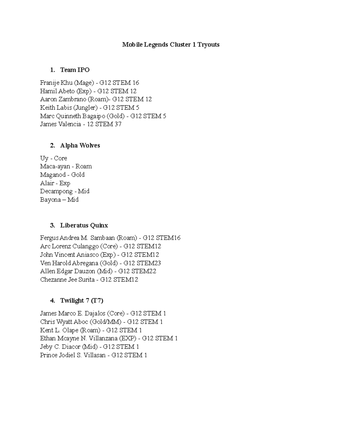 Mobile Legends Cluster 1 Tryouts Team Composition - G12 STEM - Studocu