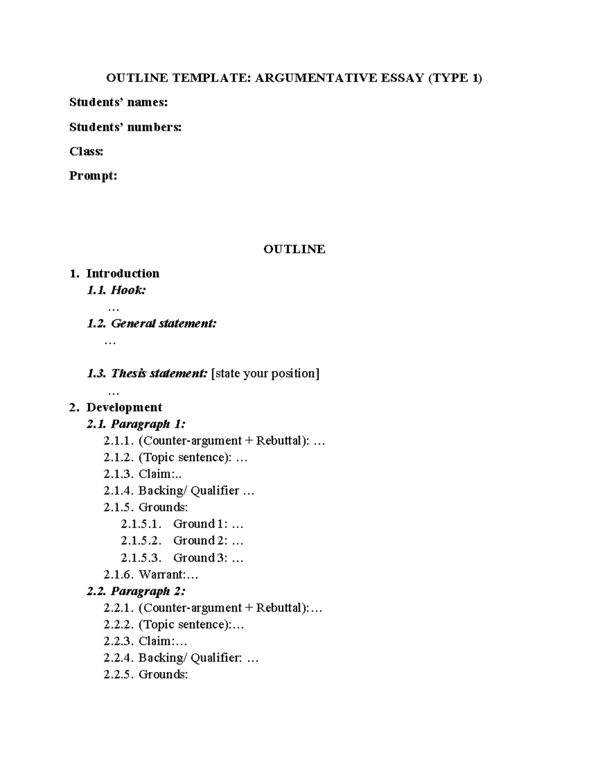 OUTLINE TEMPLATE: ARGUMENTATIVE & DISCURSIVE ESSAY GUIDELINES - Studocu