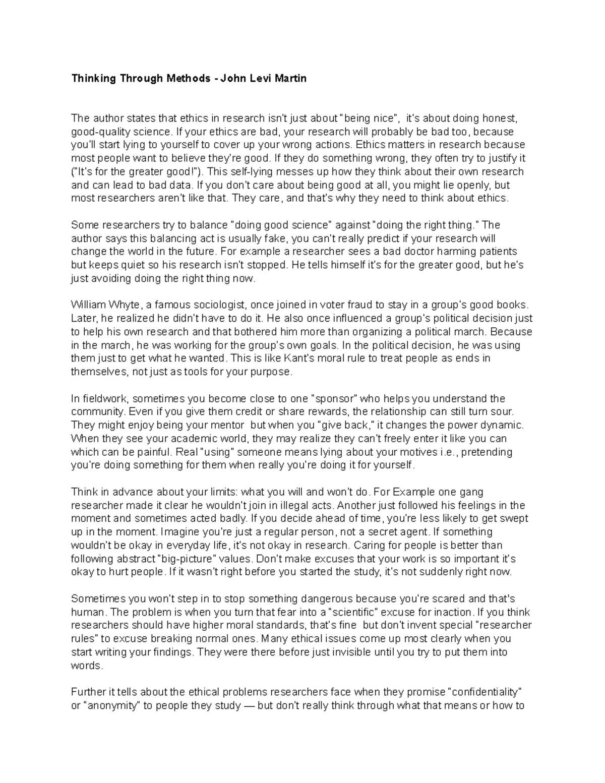 Ethics in Research: Insights from John Levi Martin's Methods - Studocu