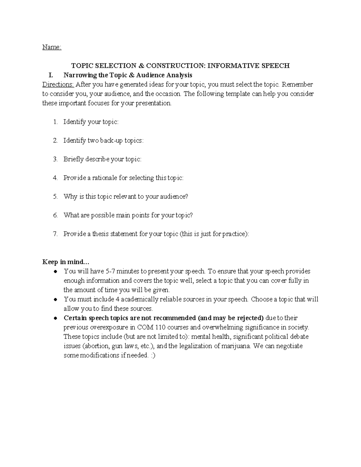 Informative Speech Topic Selection Form - Name: TOPIC SELECTION ...