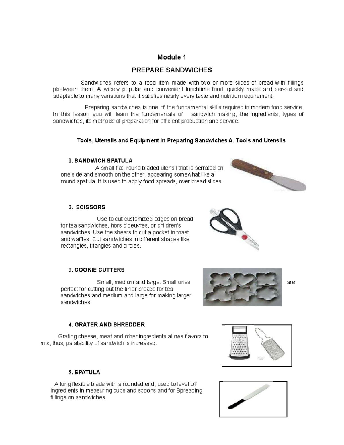 TLE Q1-C5: Utensils & Equipment for Sandwich Preparation - Studocu