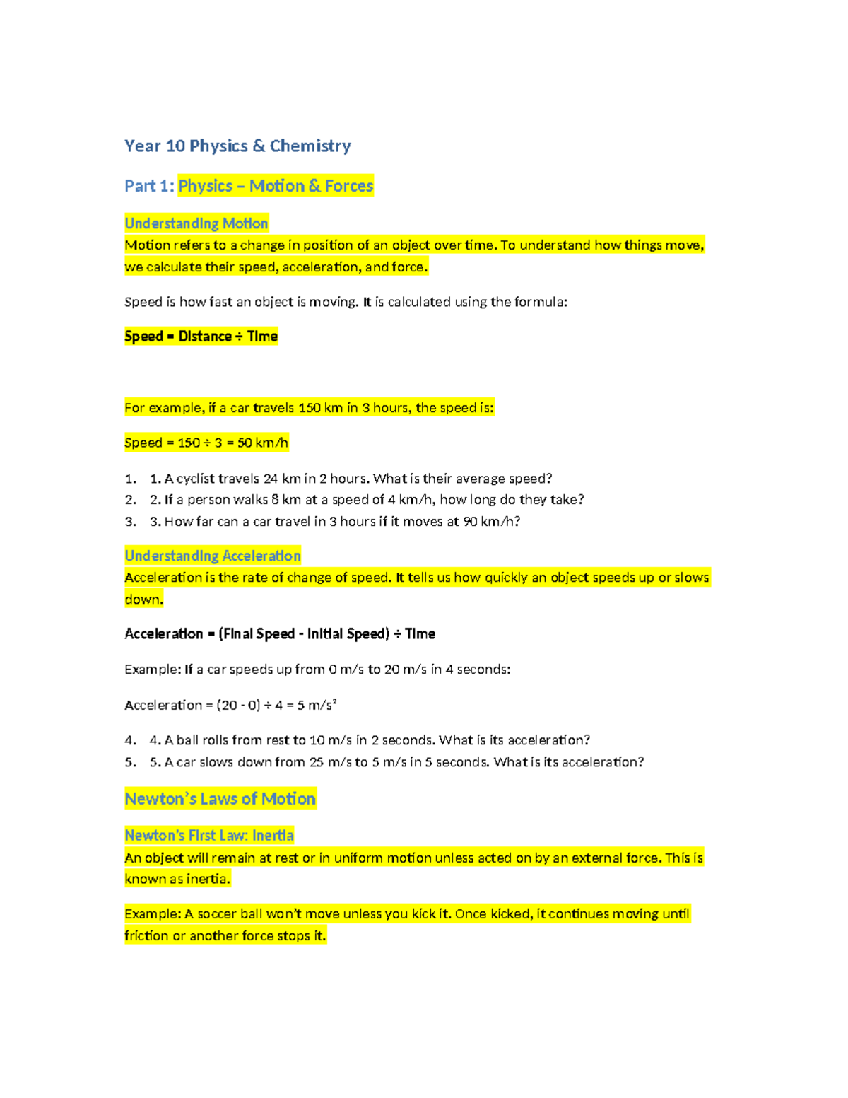 Year 10 Physics & Chemistry Worksheet: Motion, Forces & Reactions - Studocu