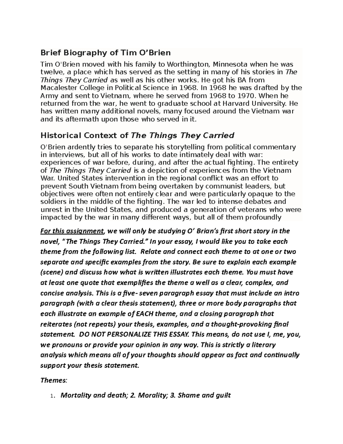 Essay Assignment: Analyzing Themes in "The Things They Carried" (ENG ...