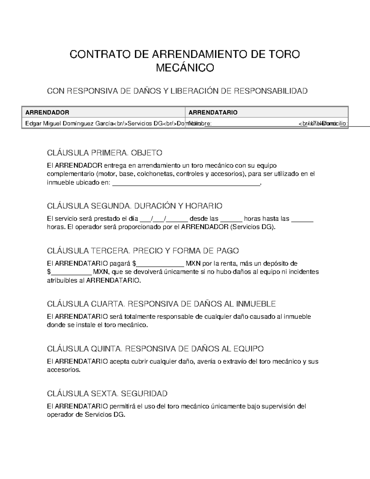Contrato de Arrendamiento de Toro Mecánico Profesional - Studocu