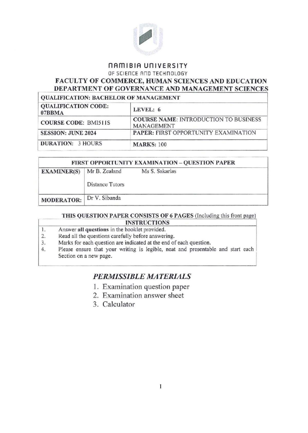 BMI511 First Opportunity Exam: Introduction to Business Management ...