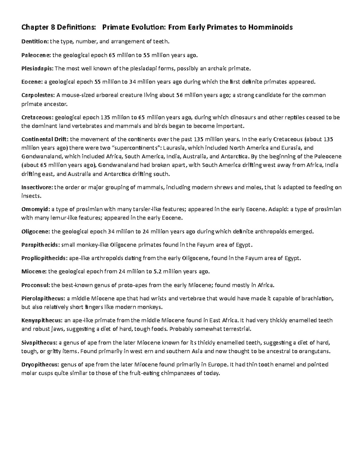 Chapter 8 definitions: Primate evolution and key terms explained - Studocu
