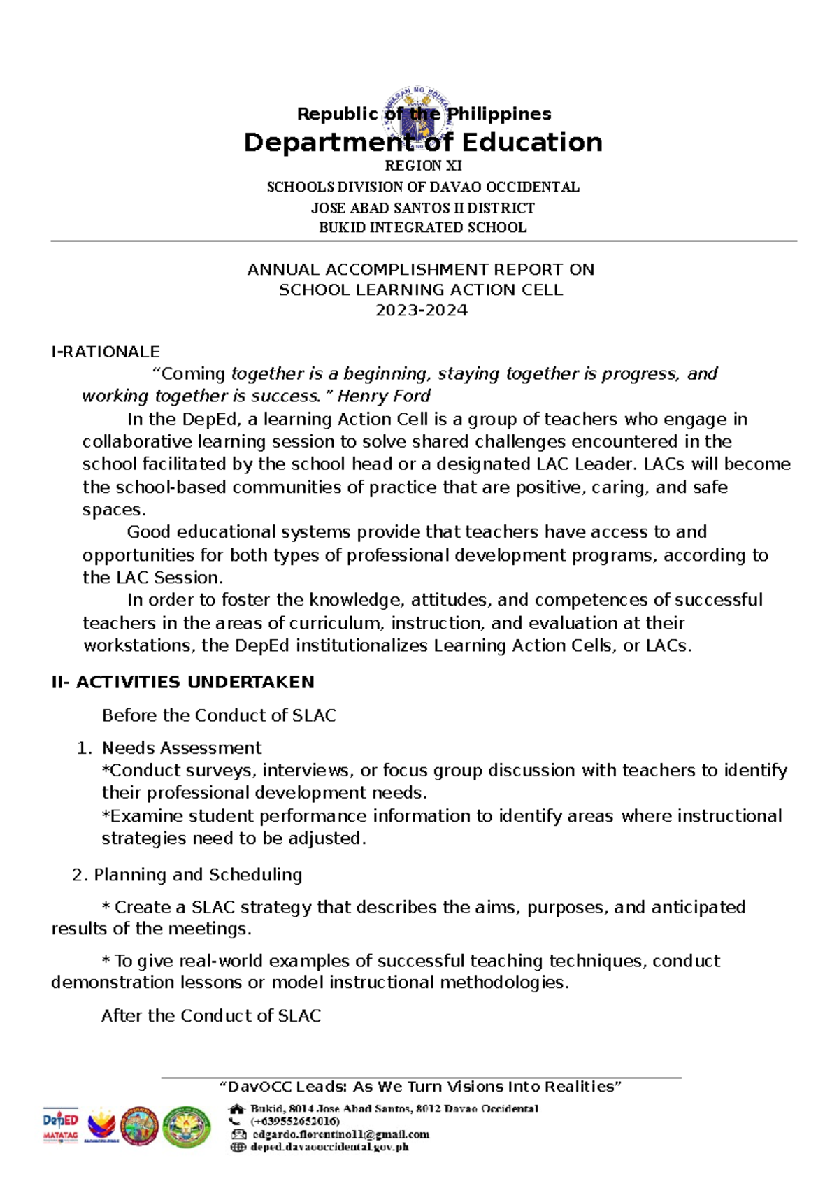 SLAC Annual Accomplishment Report 2023-2024: Davao Occidental - Studocu