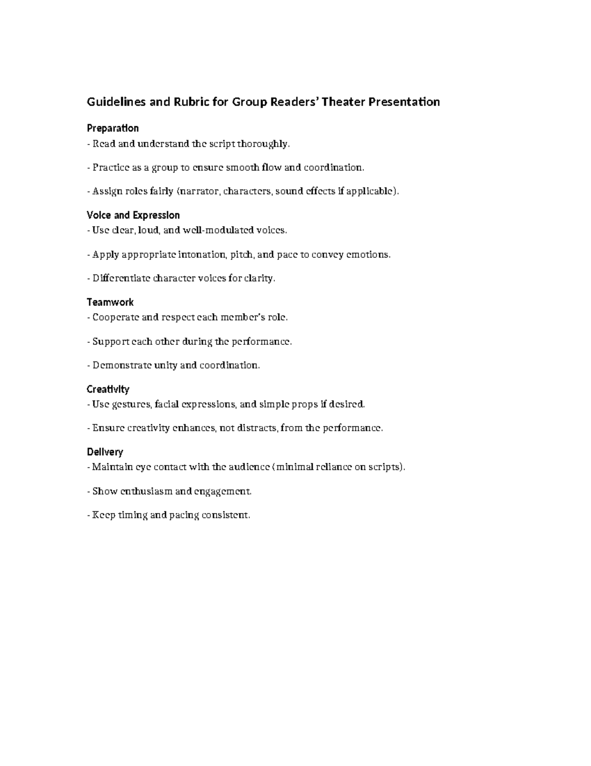 Readers Theater Rubric: Guidelines for Group Presentation Prep - Studocu