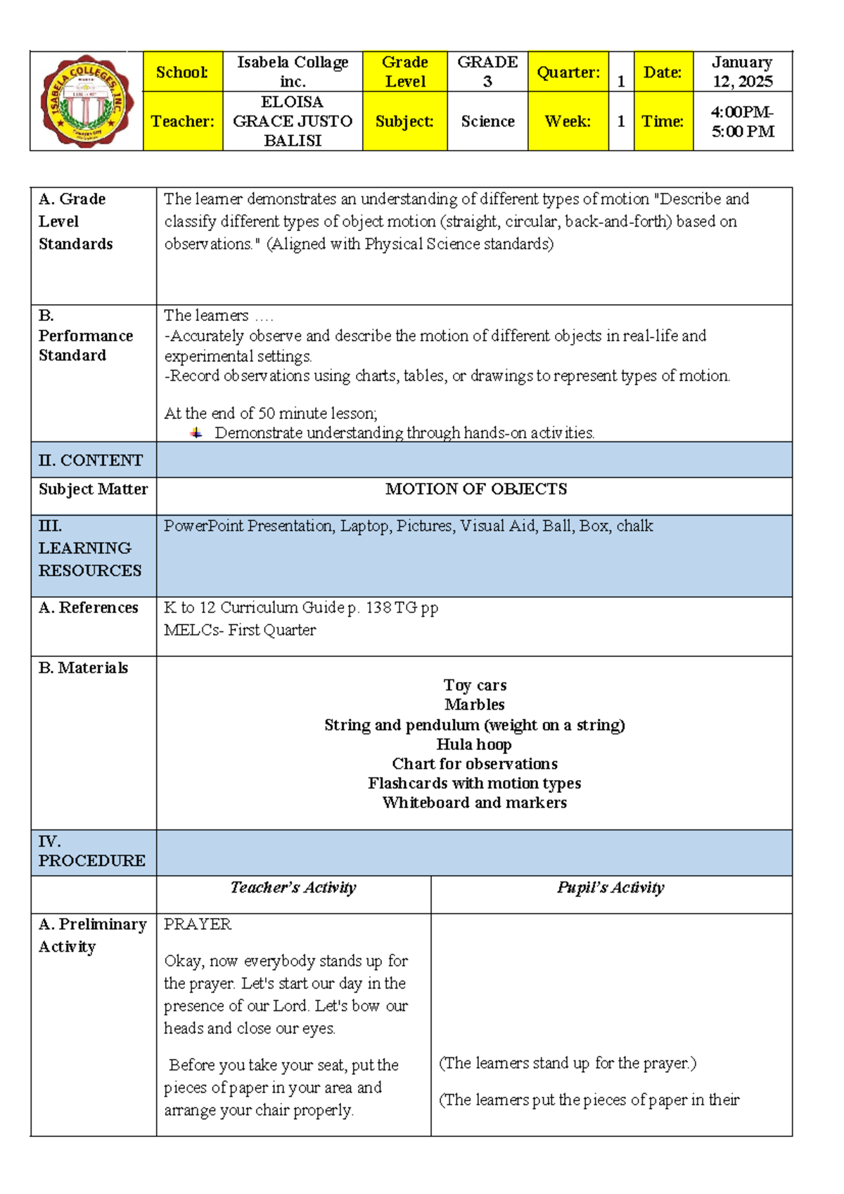 DLP Science 3 Second Sem - Lesson Plan on Motion of Objects - Studocu