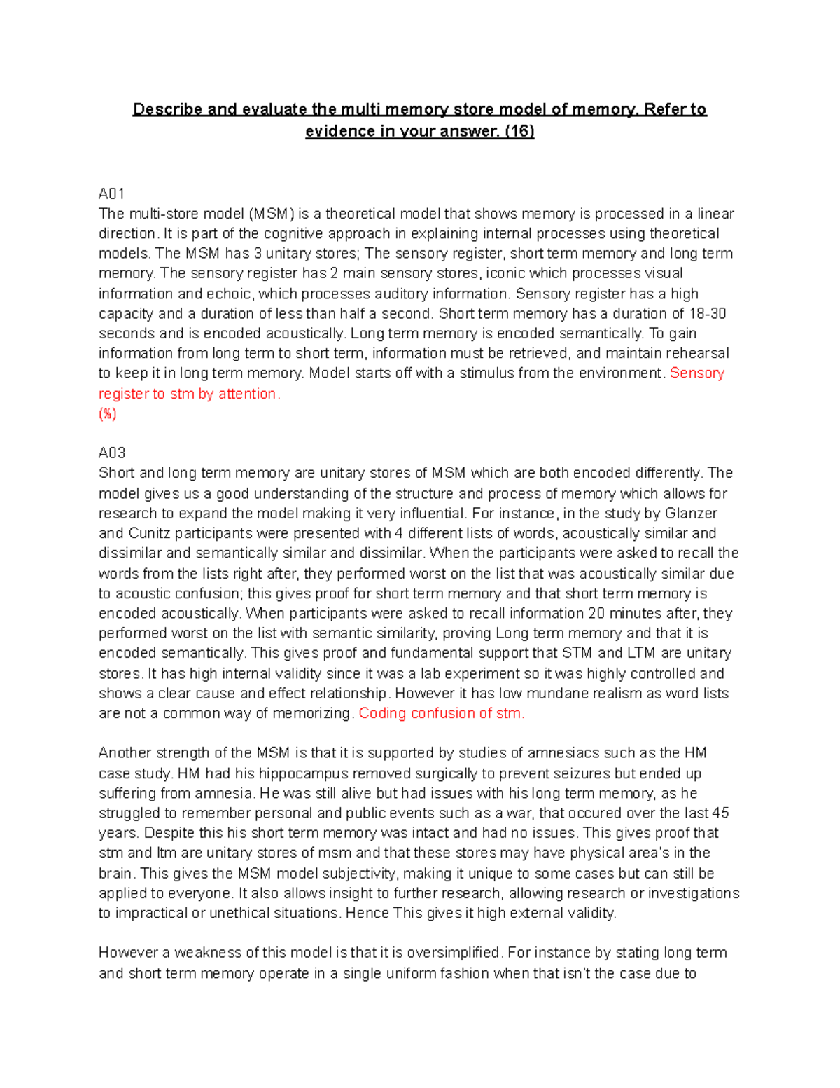 MSM Model: Describe & Evaluate Memory Stores (AQA 16 Marker) - Studocu