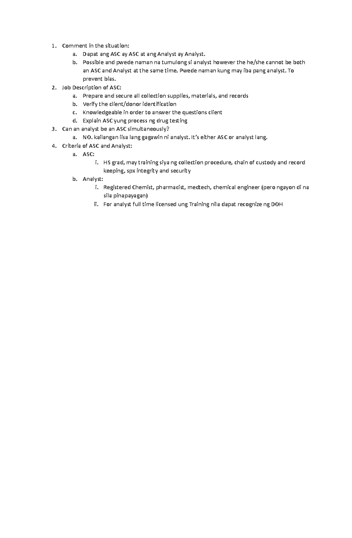 Drug Testing Lecture Notes: Roles of ASC and Analyst - Studocu