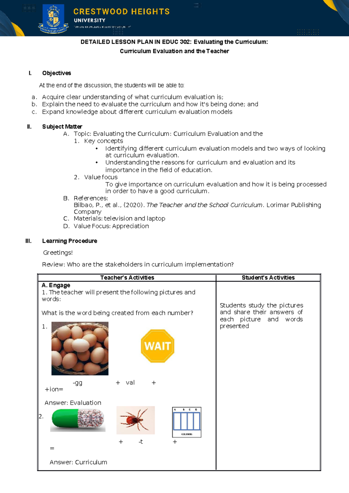 EDUC302 - Detailed Lesson Plan on Curriculum Evaluation Techniques ...