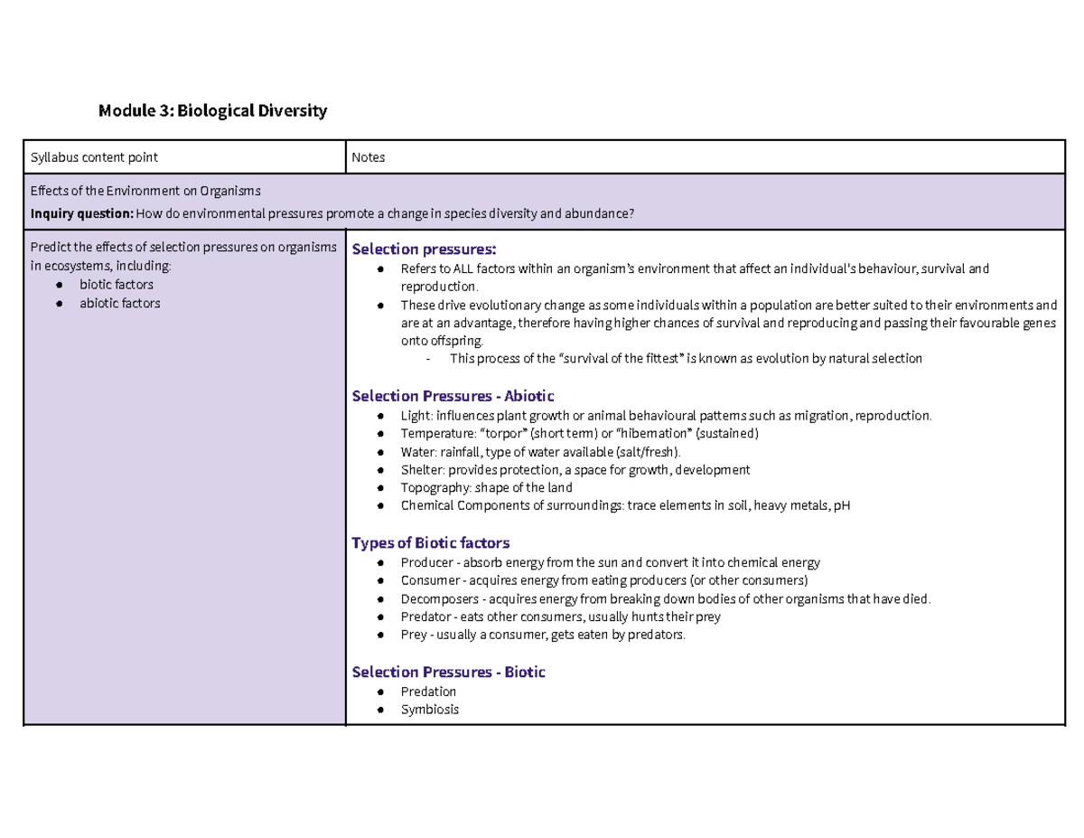 Year 11 Biology Summary Notes: Module 3 - Biological Diversity and ...
