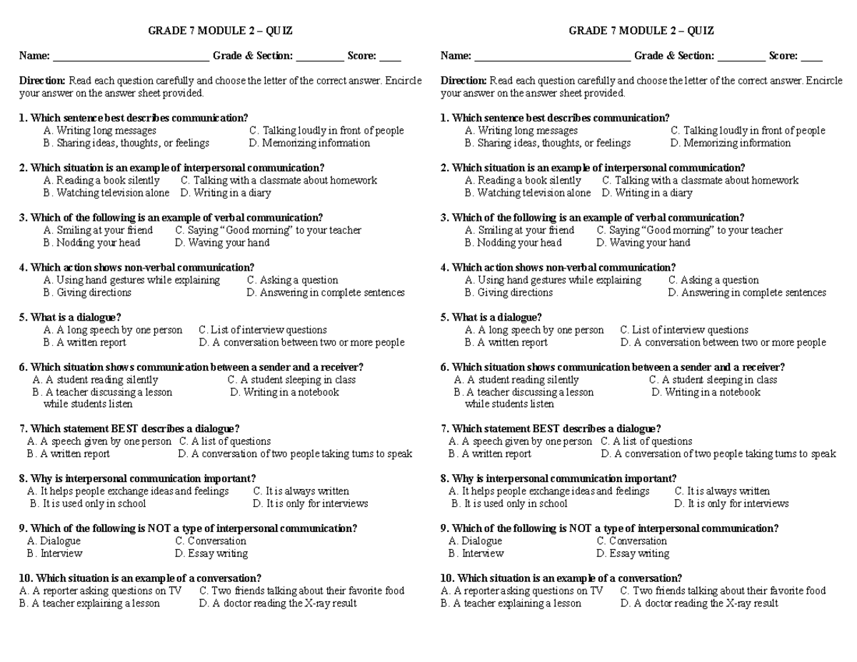 GRADE 7 MODULE 2 QUIZ: Communication Concepts and Examples - Studocu