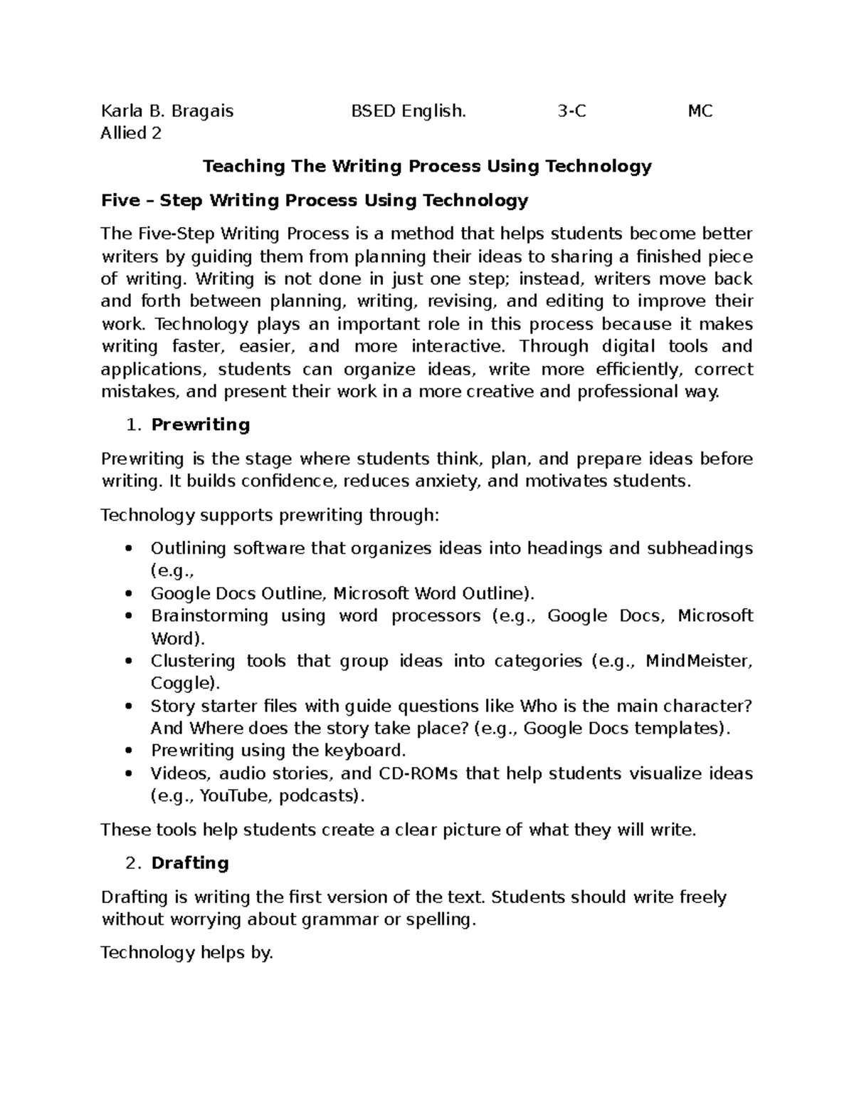 BSED English 2: MC Teaching the Writing Process with Tech - Studocu